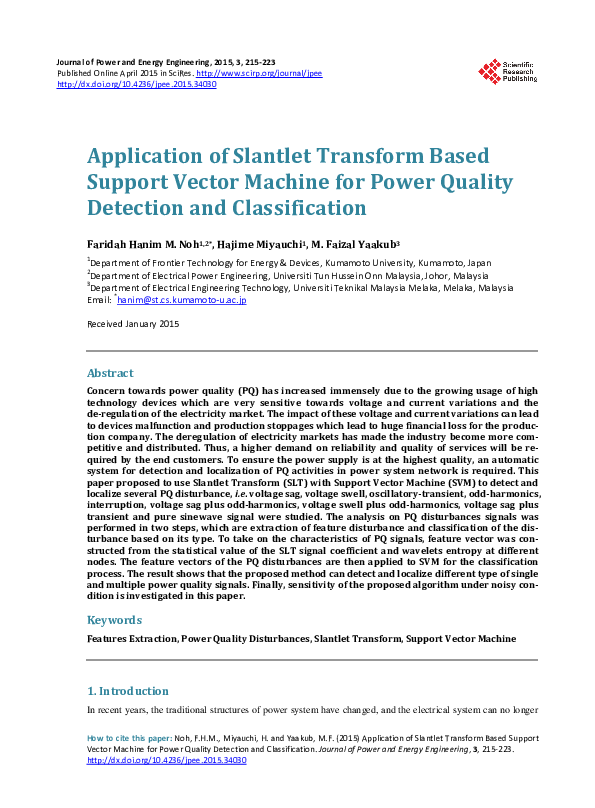 Pdf Application Of Slantlet Transform Based Support Vector Machine For Power Quality Detection