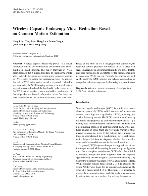 Pdf Wireless Capsule Endoscopy Video Reduction Based On Camera Motion