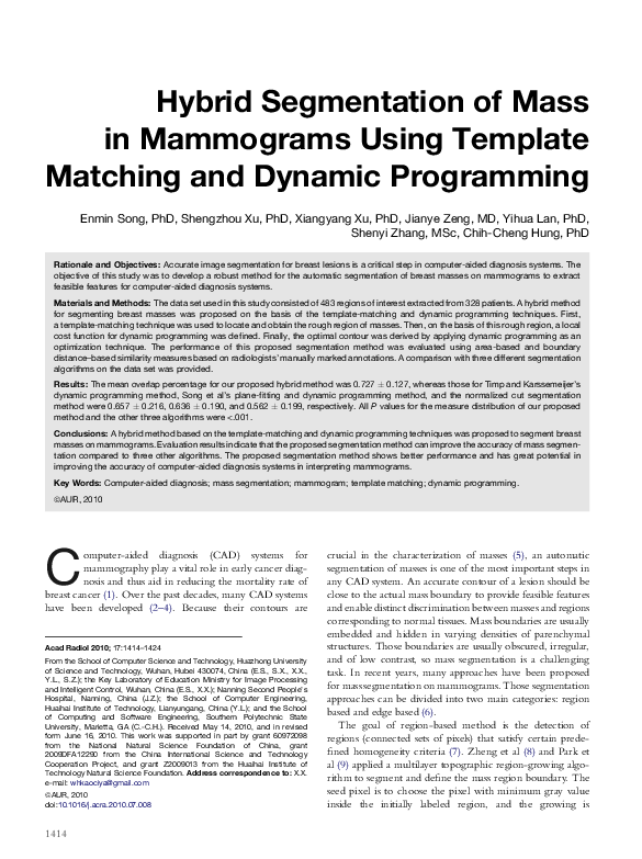 Pdf Hybrid Segmentation Of Mass In Mammograms Using Template Matching And Dynamic Programming