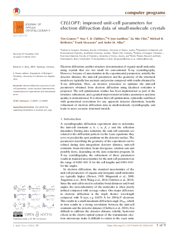 Pdf Cellopt Improved Unit Cell Parameters For Electron Diffraction