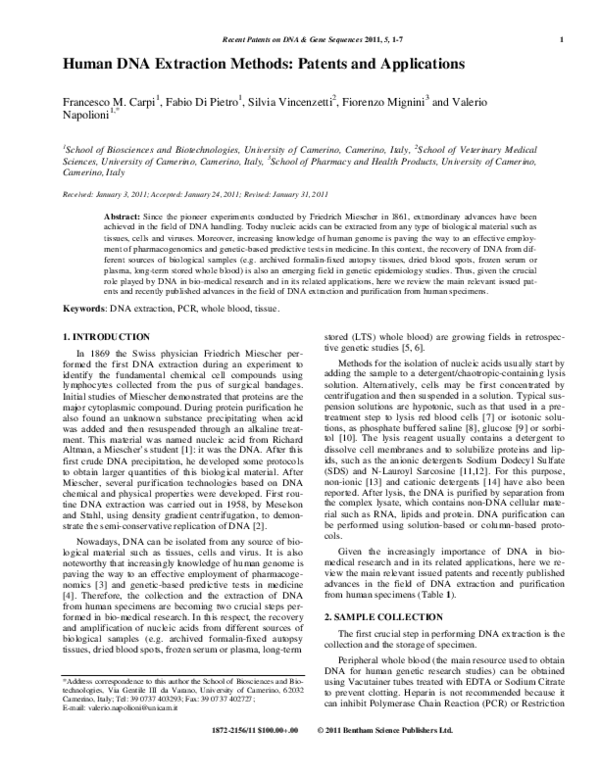 (PDF) Human DNA Extraction Methods: Patents and Applications