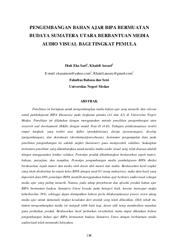 (PDF) Pengembangan Bahan Ajar Bipa Bermuatan Budaya Sumatera Utara Berbantuan Media Audio Visual ...