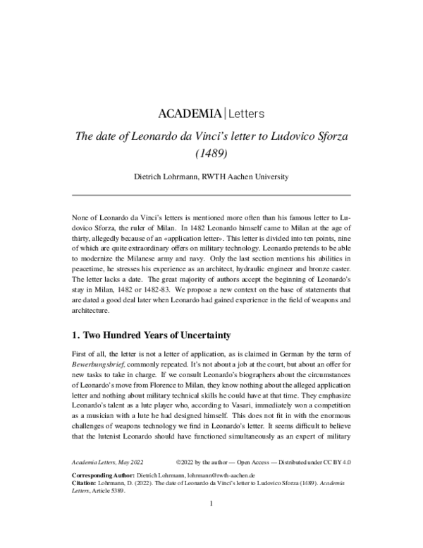 (PDF) The date of Leonardo da Vinci's letter to Ludovico Sforza (1489)