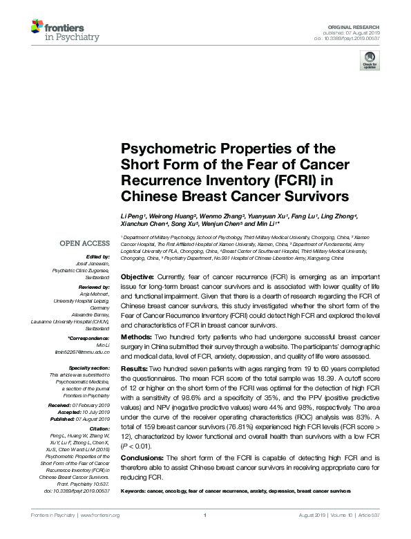 (PDF) Psychometric Properties of the Short Form of the Fear of Cancer Recurrence Inventory (FCRI ...