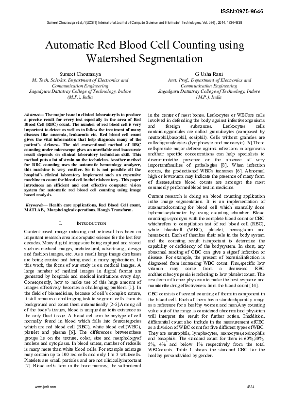 (PDF) Automatic Red Blood Cell Counting using Watershed Segmentation