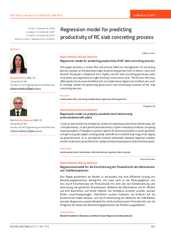 Pdf Regression Model For Predicting Productivity Of Rc Slab Concreting Process