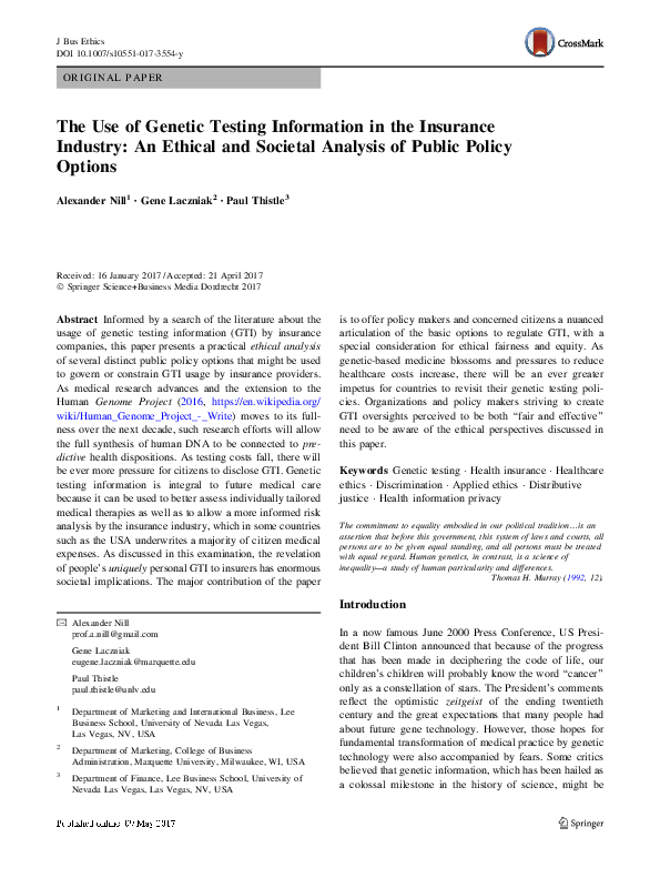 (PDF) The Use of Genetic Testing Information in the Insurance Industry ...