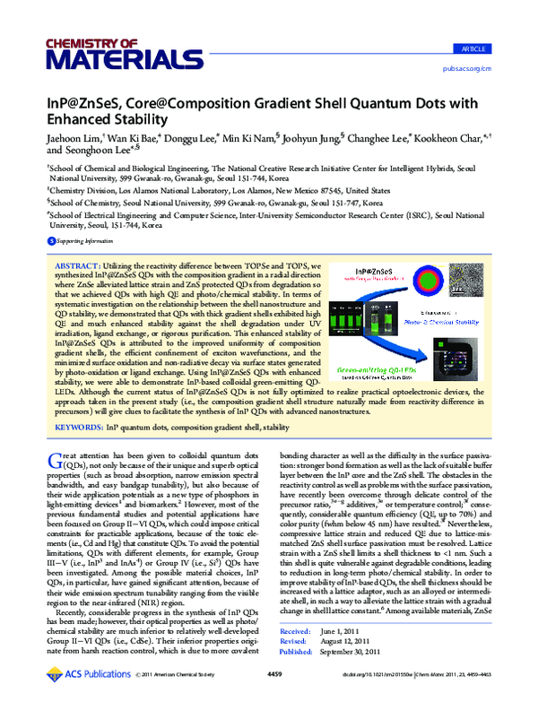 (PDF) InP@ZnSeS, Core@Composition Gradient Shell Quantum Dots with Enhanced Stability