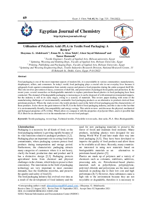 (PDF) Utilization of Polylactic Acid (PLA) in Textile Food Packaging: A ...