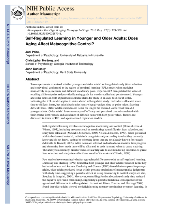 Pdf Self Regulated Learning In Younger And Older Adults Does Aging Affect Metacognitive Control