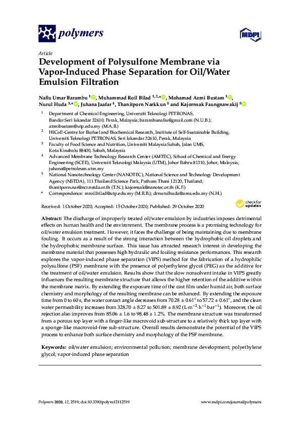 Development Of Polysulfone Membrane Via Vapor Induced Phase Separation