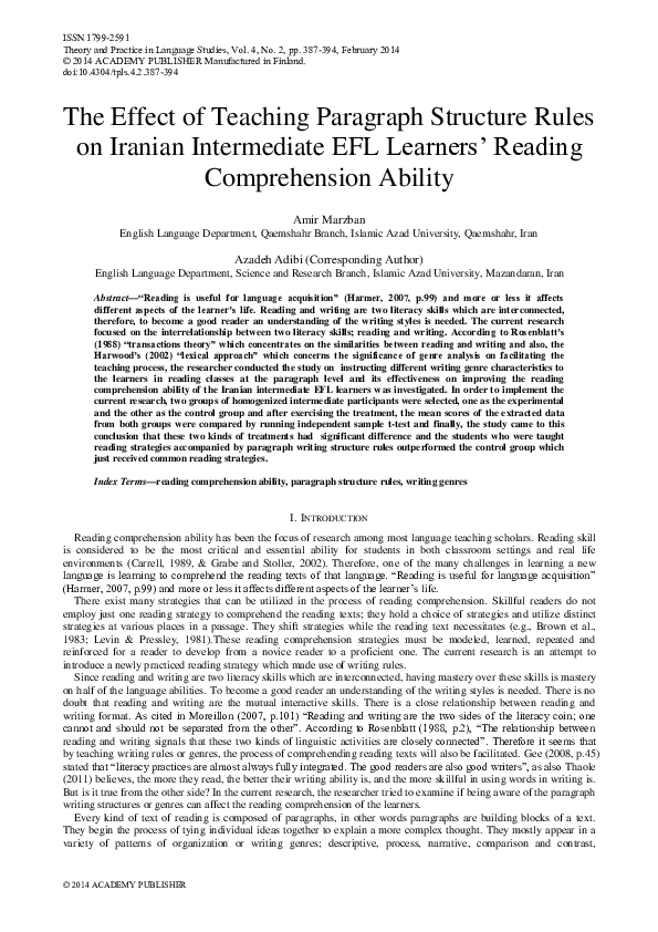 (PDF) The Effect of Teaching Paragraph Structure Rules on Iranian Intermediate EFL Learners ...