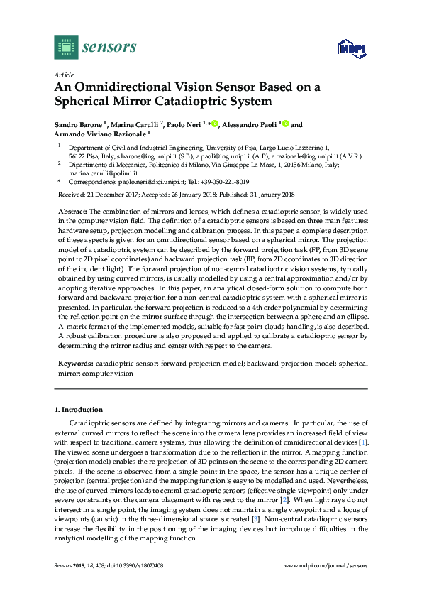 Pdf An Omnidirectional Vision Sensor Based On A Spherical Mirror Catadioptric System
