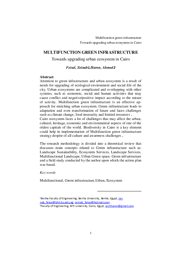 (PDF) MULTIFUNCTION GREEN INFRASTRUCTURE Towards upgrading urban ecosystem in Cairo
