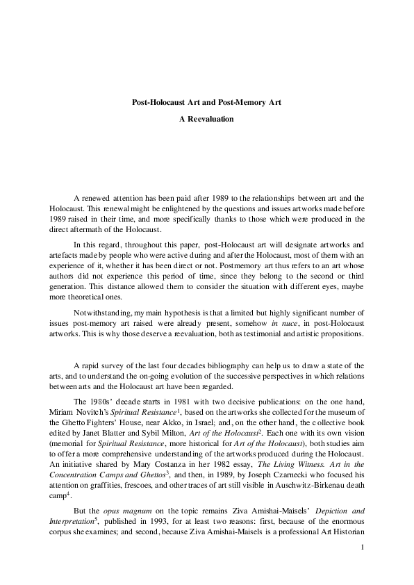(PDF) Post-Holocaust Art and Post-Memory Art: A Reevaluation