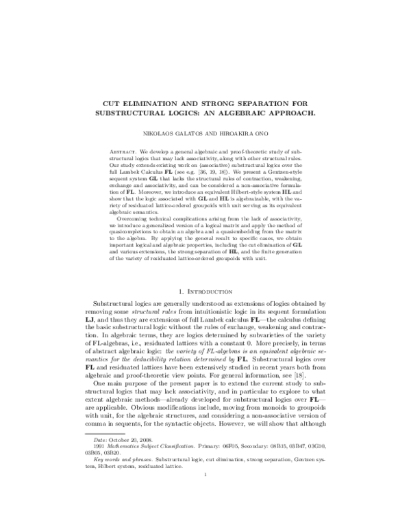 (PDF) Cut elimination and strong separation for substructural logics: An algebraic approach ...