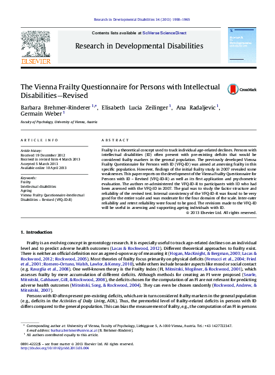 (PDF) The Vienna Frailty Questionnaire for Persons with Intellectual ...
