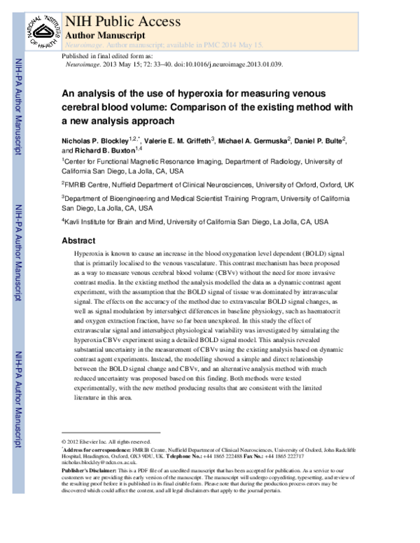 (PDF) An analysis of the use of hyperoxia for measuring venous cerebral ...