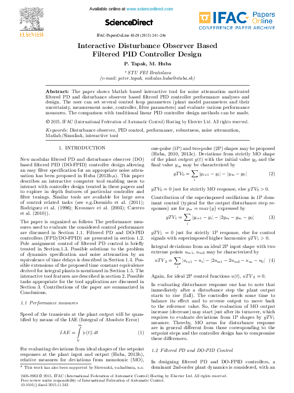 (PDF) Interactive Disturbance Observer Based Filtered PID Controller Design**This work has also ...