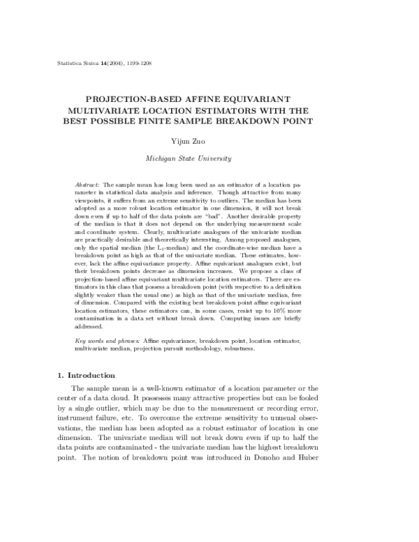 (PDF) Projection-based affine equivariant multivariate location estimators with the best ...