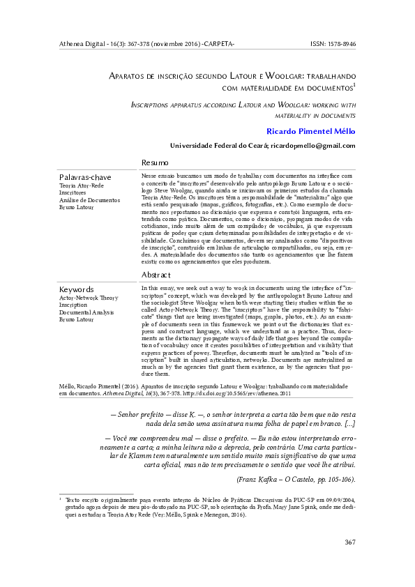 (PDF) Aparatos de inscrição segundo Latour e Woolgar: Trabalhando com ...