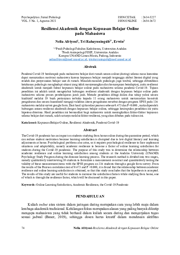 (PDF) Resiliensi Akademik dengan Kepuasan Belajar Online pada Mahasiswa