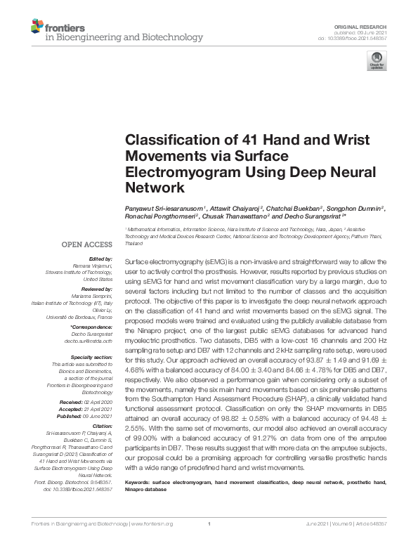 (PDF) Classification of 41 Hand and Wrist Movements via Surface Electromyogram Using Deep Neural ...