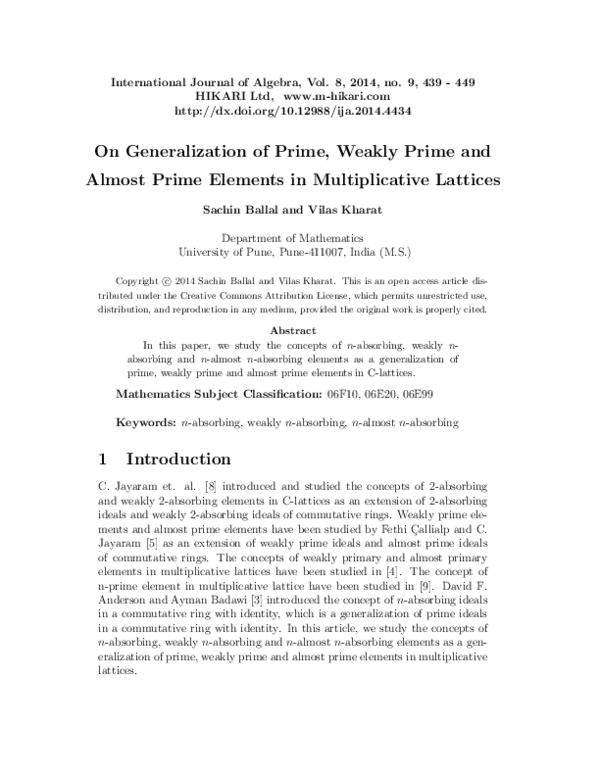 (PDF) On generalization of prime, weakly prime and almost prime elements in multiplicative lattices