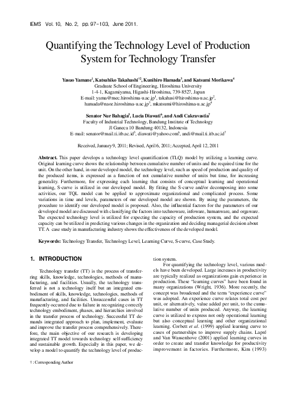 (PDF) Quantifying the Technology Level of Production System for Technology Transfer