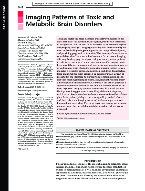 (PDF) Imaging Patterns of Toxic and Metabolic Brain Disorders