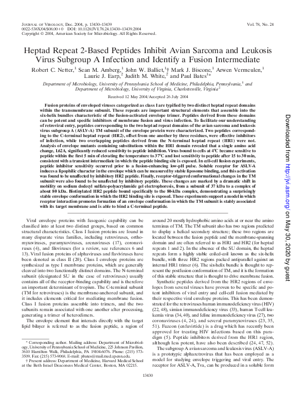 (PDF) Heptad Repeat 2-Based Peptides Inhibit Avian Sarcoma and Leukosis ...
