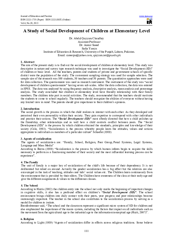 (PDF) A Study of Social Development of Children at Elementary Level