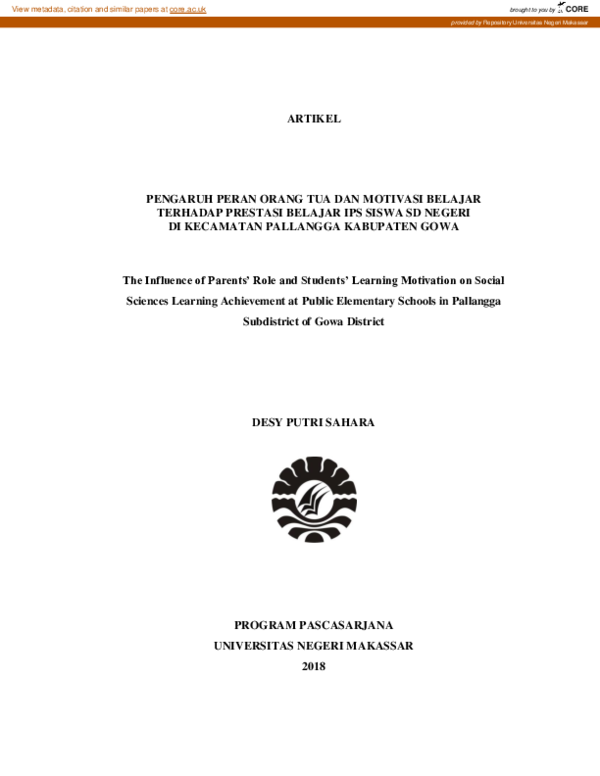 (PDF) Pengaruh Peran Orang Tua Dan Motivasi Belajar Terhadap Prestasi Belajar Ips Siswa SD ...