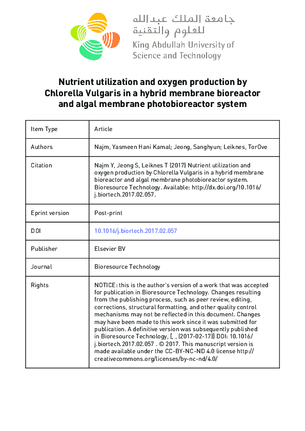 (PDF) Nutrient utilization and oxygen production by Chlorella vulgaris ...