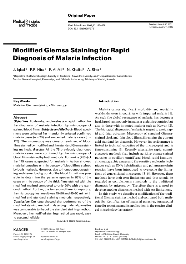 (PDF) Modified Giemsa Staining for Rapid Diagnosis of Malaria Infection