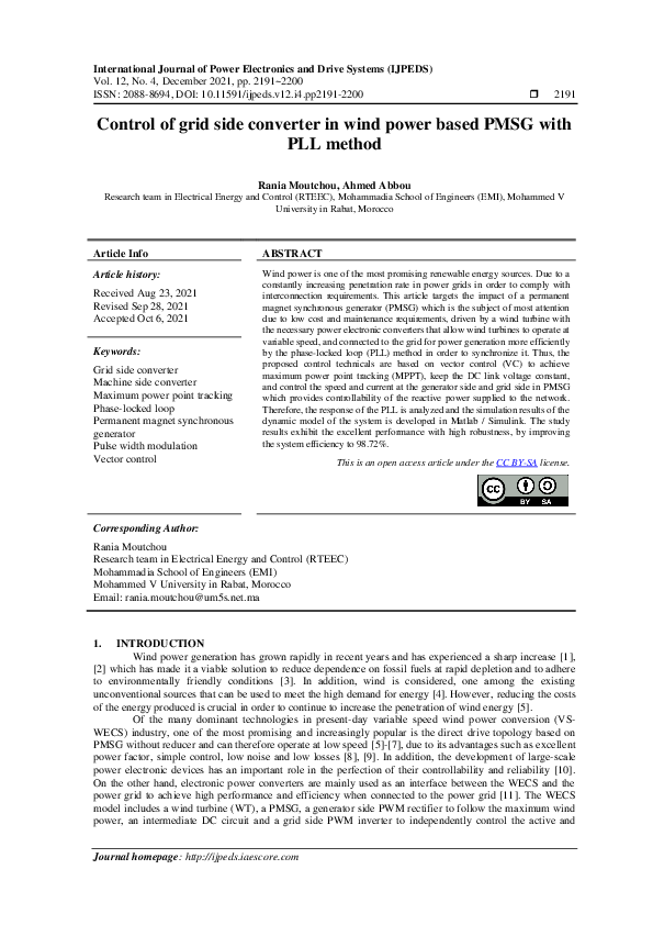 (PDF) Control of grid side converter in wind power based PMSG with PLL ...