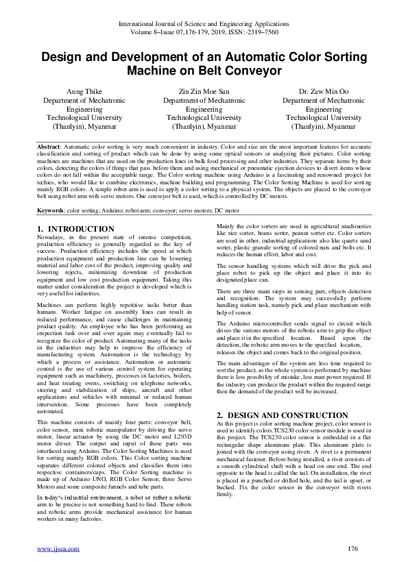 Pdf Design And Development Of An Automatic Color Sorting Machine On Belt Conveyor
