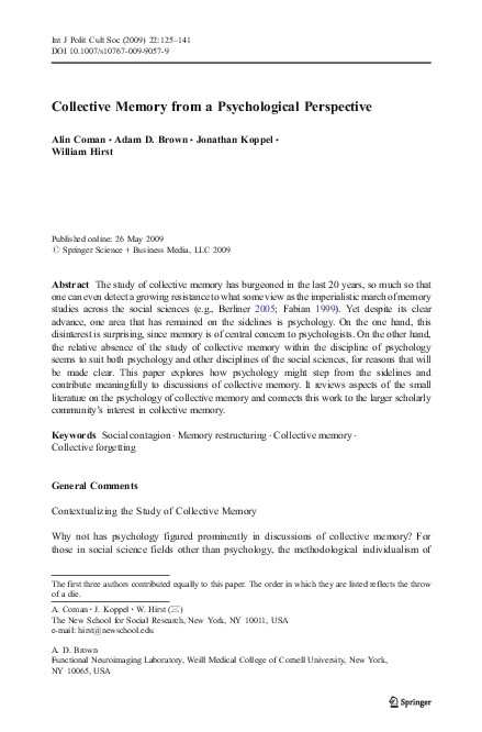 (PDF) Collective Memory from a Psychological Perspective