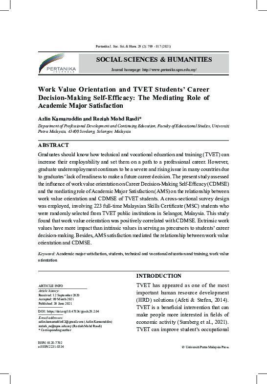 (PDF) Work Value Orientation and TVET Students’ Career Decision-Making ...