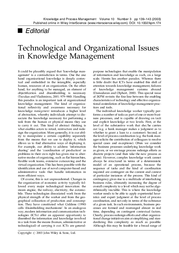 (PDF) Technological and organizational issues in knowledge management ...