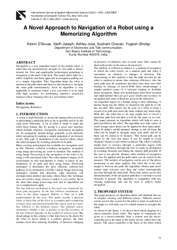 Pdf A Novel Approach To Navigation Of A Robot Using A Memorizing Algorithm