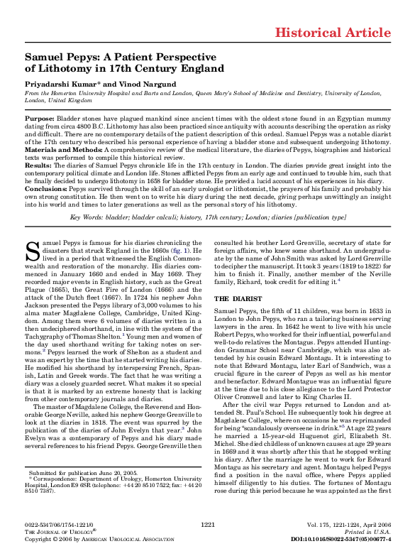 (PDF) Samuel Pepys: A Patient Perspective of Lithotomy in 17th Century ...