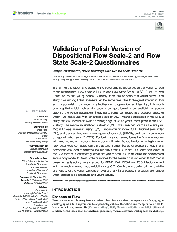 (PDF) Validation of Polish Version of Dispositional Flow Scale-2 and ...