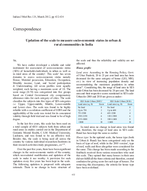 (PDF) Updation of the scale to measure socio-economic status in urban ...