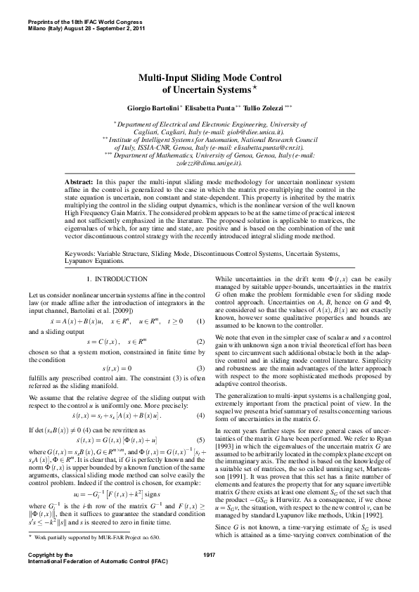 Pdf Multi Input Sliding Mode Control Of Nonlinear Uncertain Affine