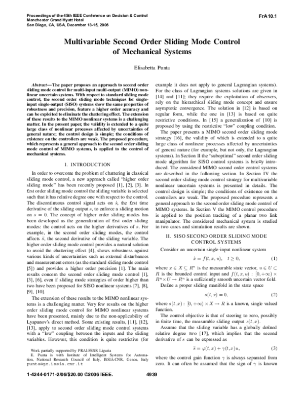 (PDF) Multivariable Second Order Sliding Mode Control of Mechanical Systems