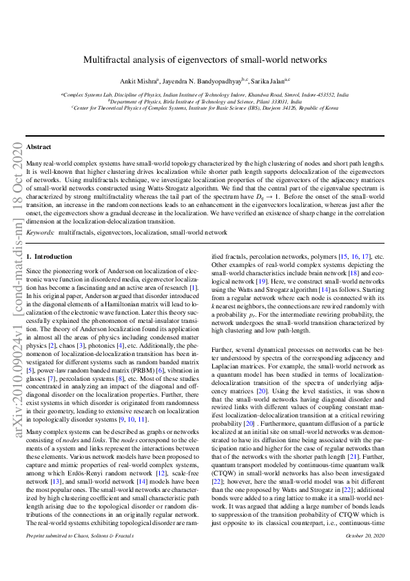 Pdf Multifractal Analysis Of Eigenvectors Of Small World Networks