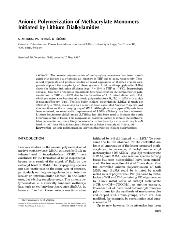 (PDF) Anionic polymerization of methacrylate monomers initiated by ...