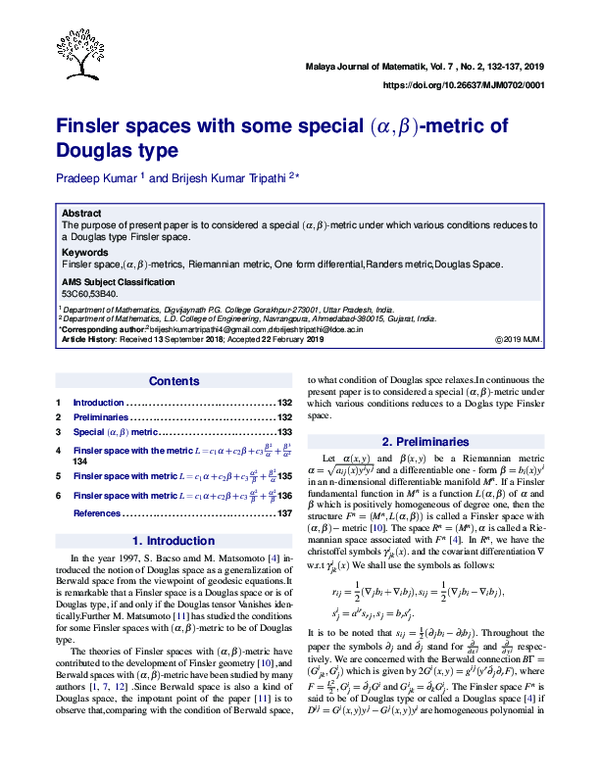 (PDF) Finsler spaces with some special ( α , β )-metric of Douglas type ...