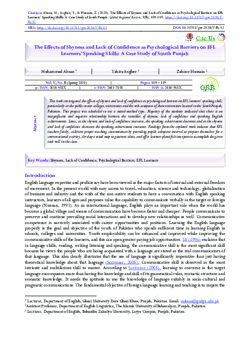 (PDF) The Effects of Shyness and Lack of Confidence as Psychological Barriers on EFL Learners ...